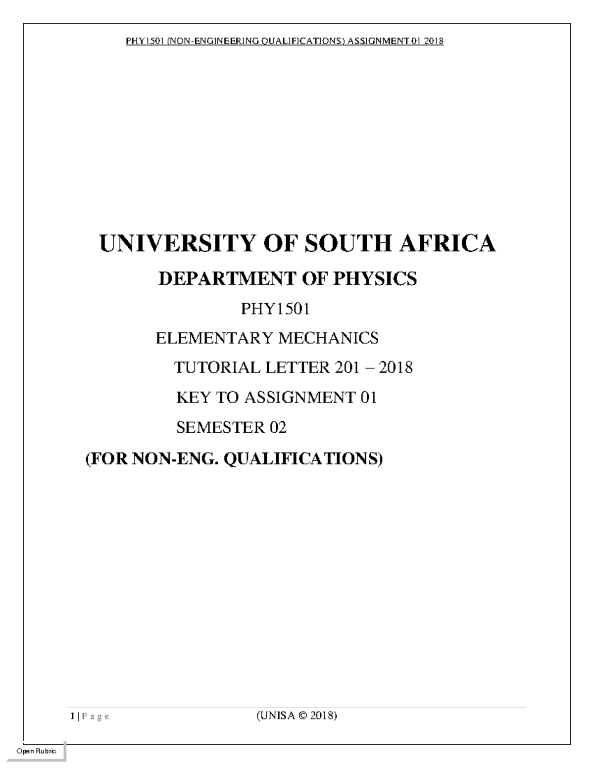 MEMO Assignment 01 Nonengphy 1501 2018 - SOLUTIONS 1 | P a g e (UNISA ...