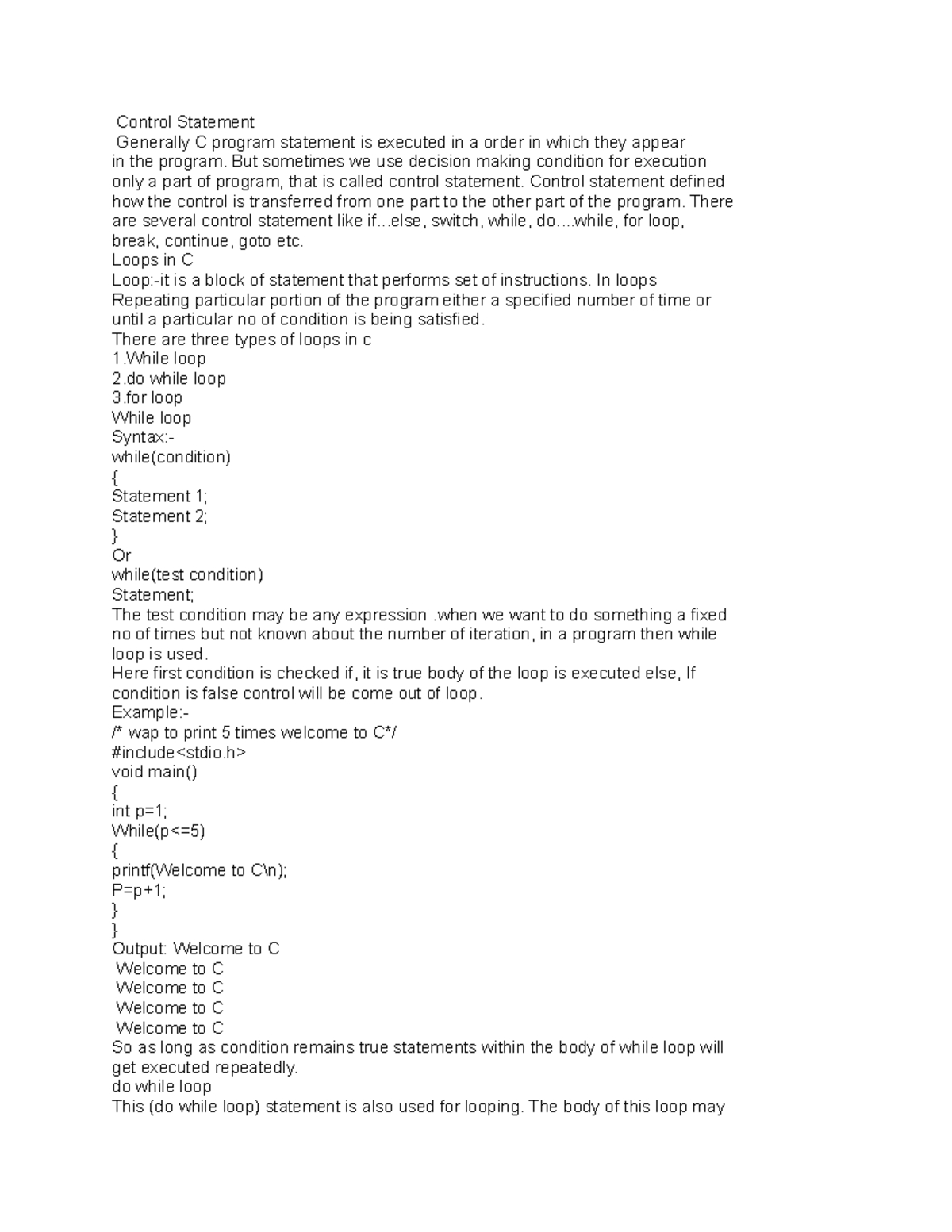 7-Control Statement - Lecutre notes - Control Statement Generally C ...