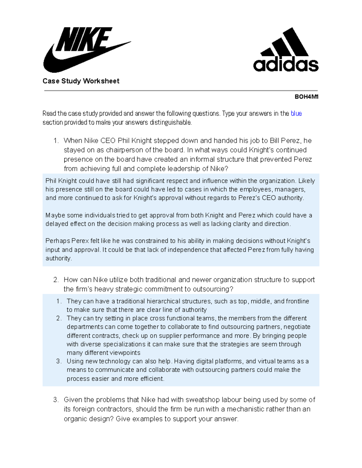 Nike & Adidas CASE Study Worksheet - Case Study Worksheet BOH4M Read ...
