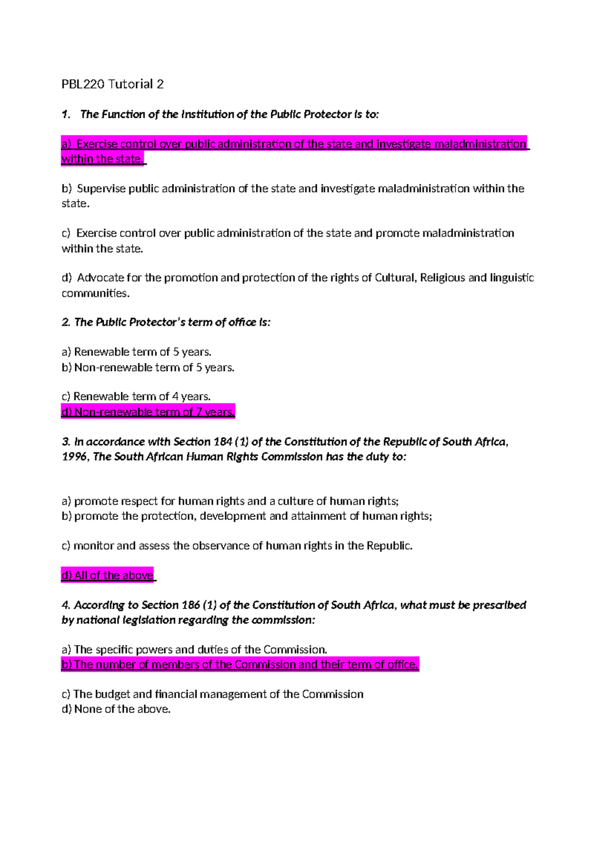 PBL Tutorial 2 memo - PBL220 Tutorial 2 1. The Function of the ...