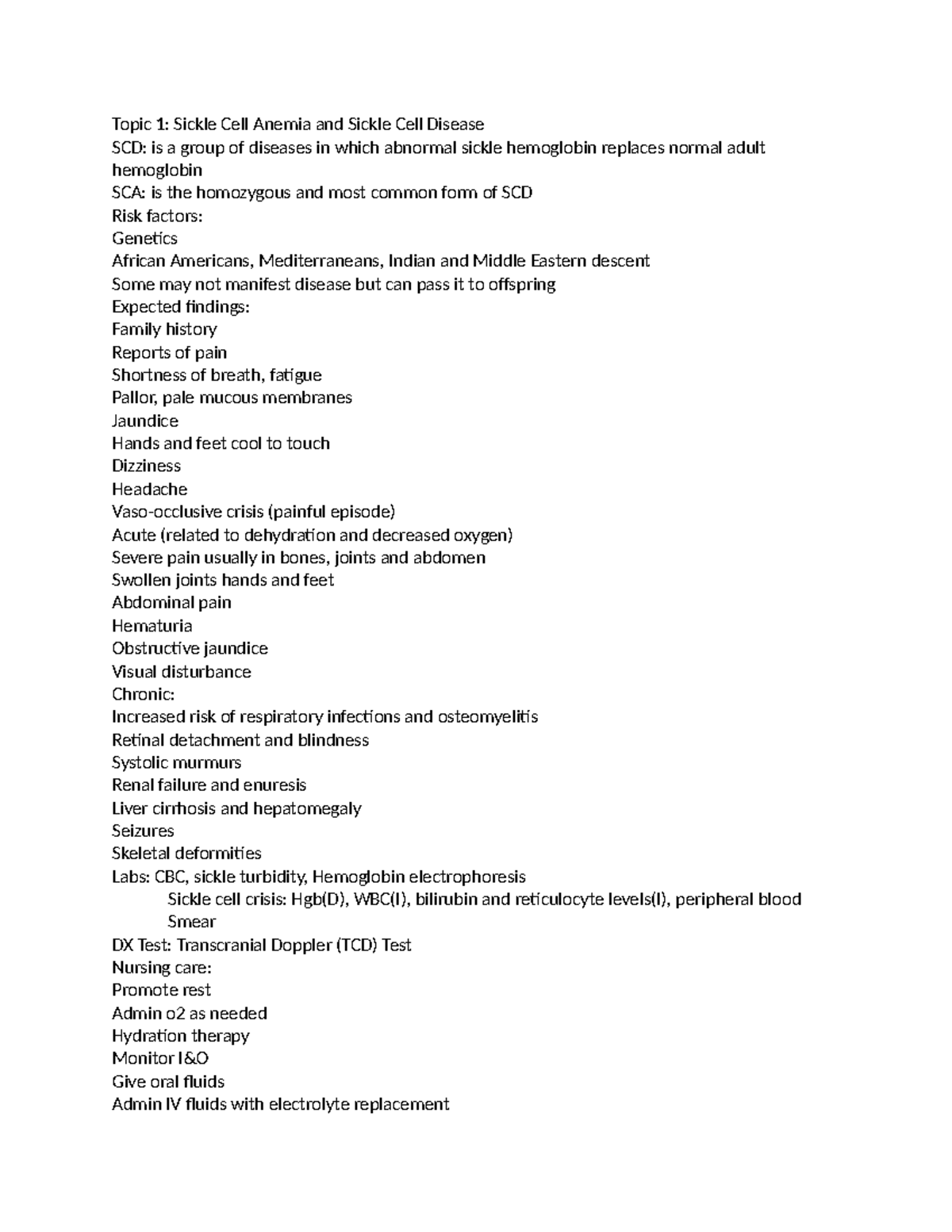 Pediactric nursing - Notes - Topic 1: Sickle Cell Anemia and Sickle ...