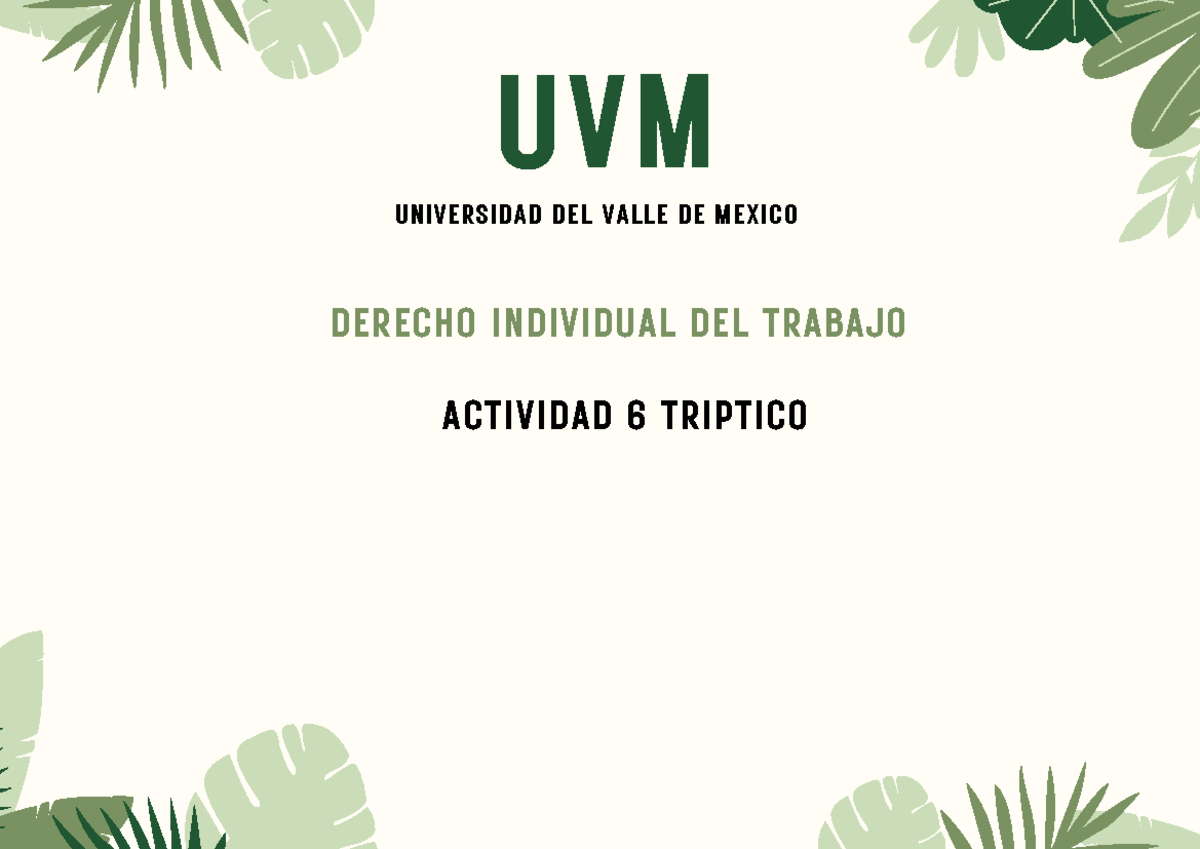Actividad 6 triptico - UVM DERECHO INDIVIDUAL DEL TRABAJO UNIVERSIDAD DEL VALLE DE MEXICO ...