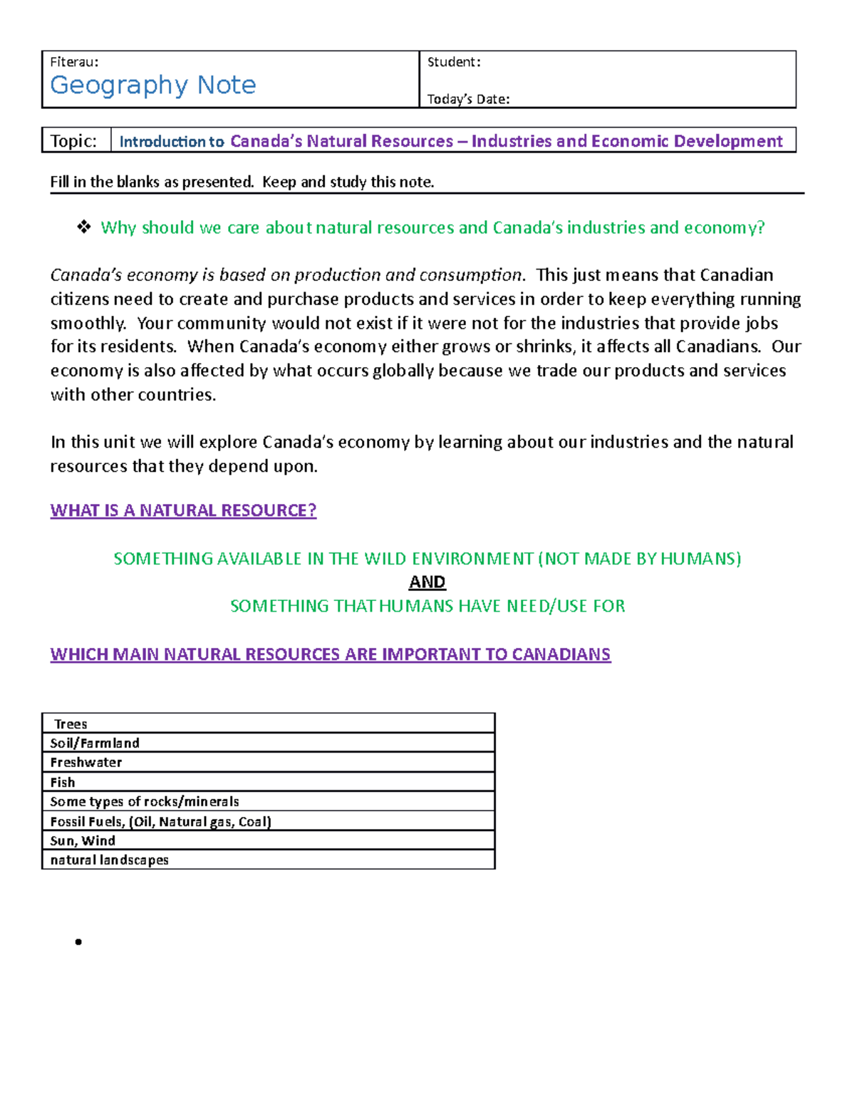 1 NOTE Introduction to Canadas Natural Resources student - Fiterau ...