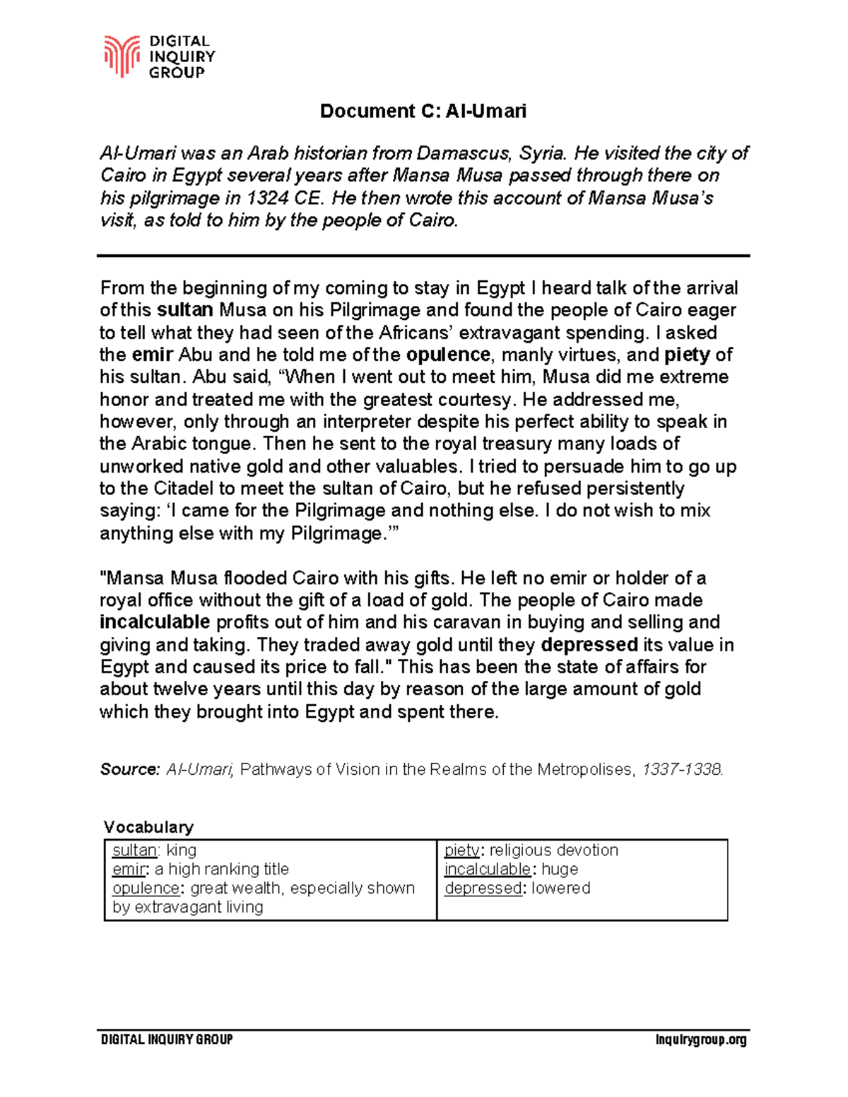 Mansa Musa worksheet - Document C: Al-Umari Al-Umari was an Arab ...