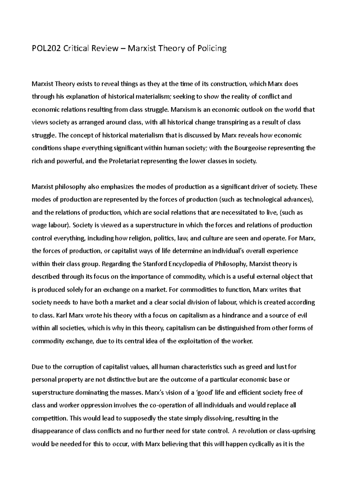 Critical Review of a Marxist Theory of Policing - POL202 Critical ...