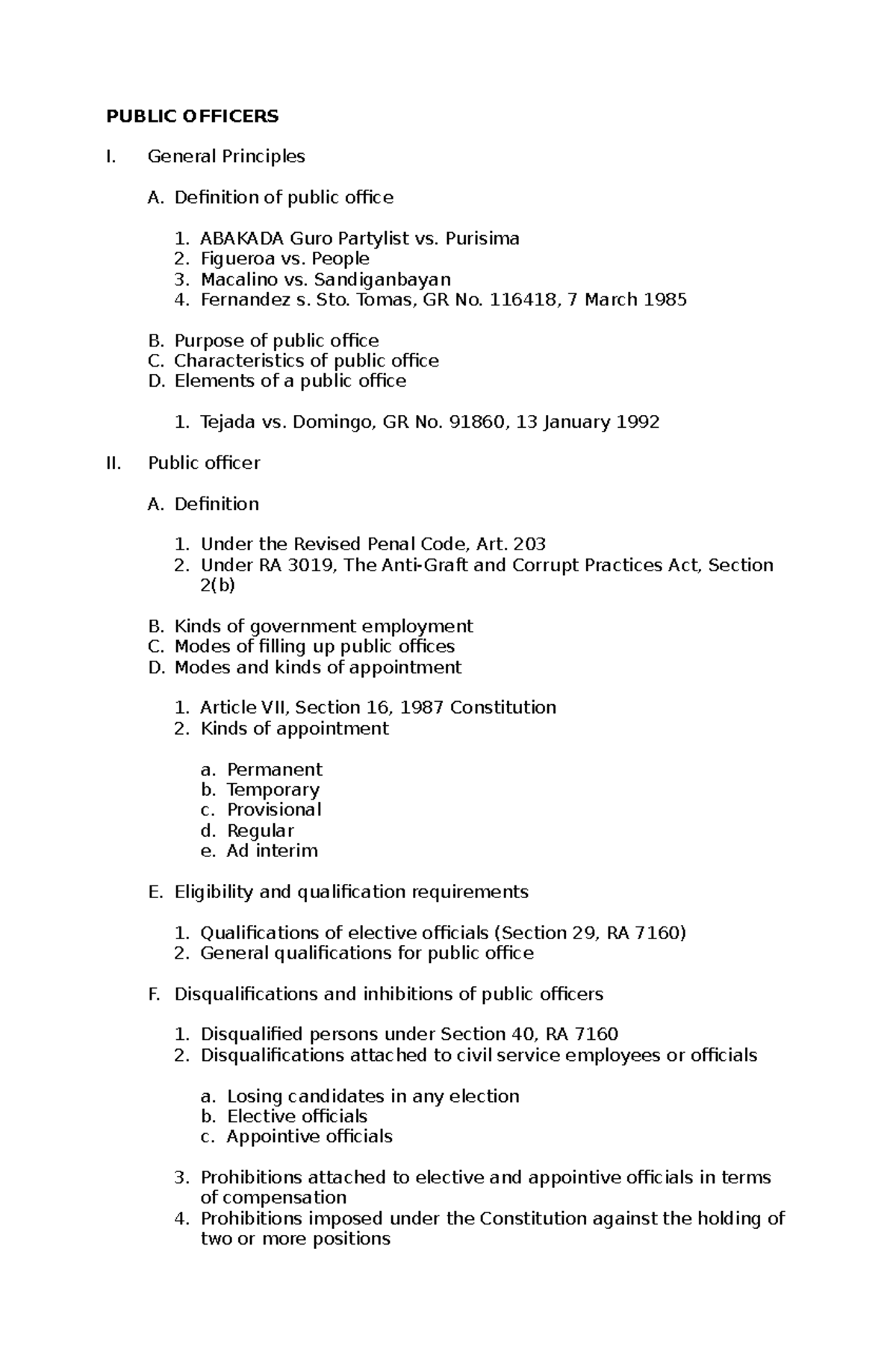Pub Off - syllabus - PUBLIC OFFICERS I. General Principles A ...