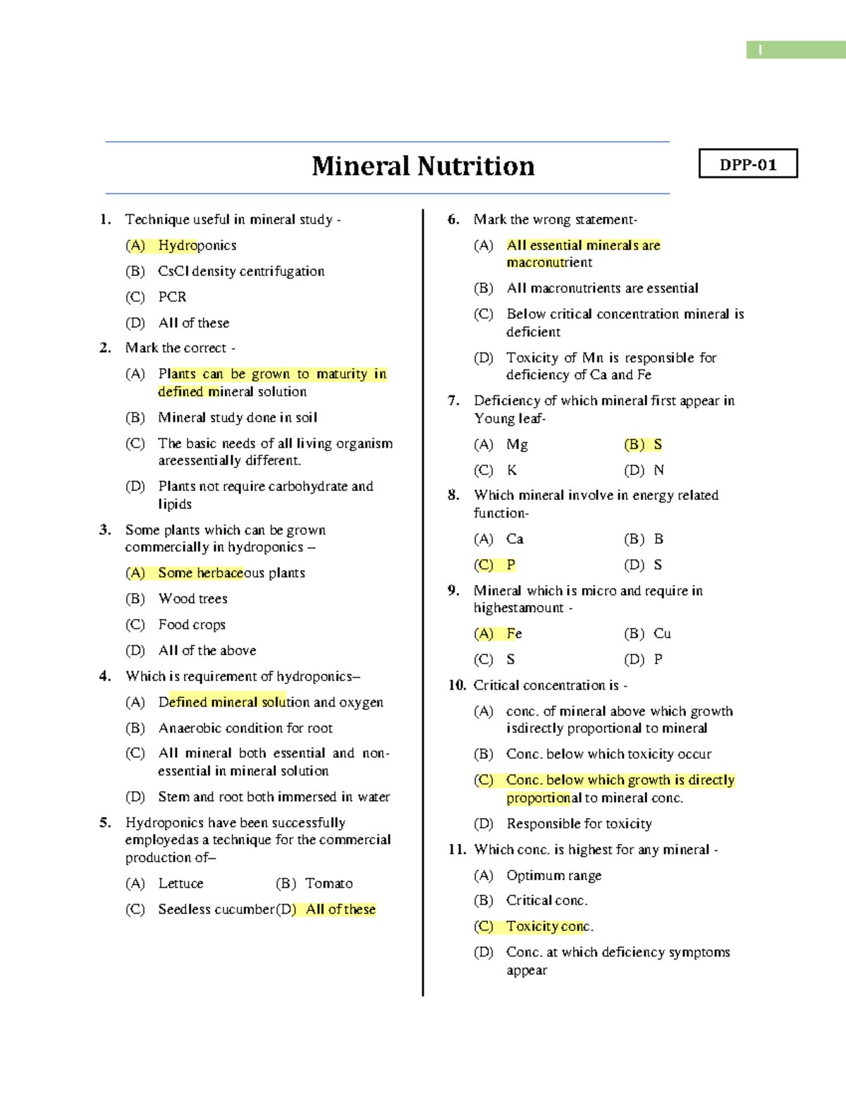 Mineral Nutrion practice question with answer - DPP- Mineral Nutrition ...