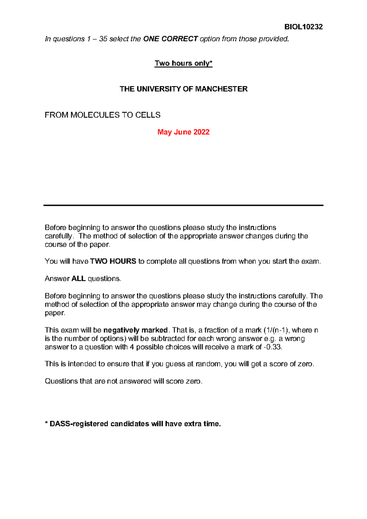 BIOL10232 - PP 2022 - Notes - In questions 1 – 35 select the ONE ...