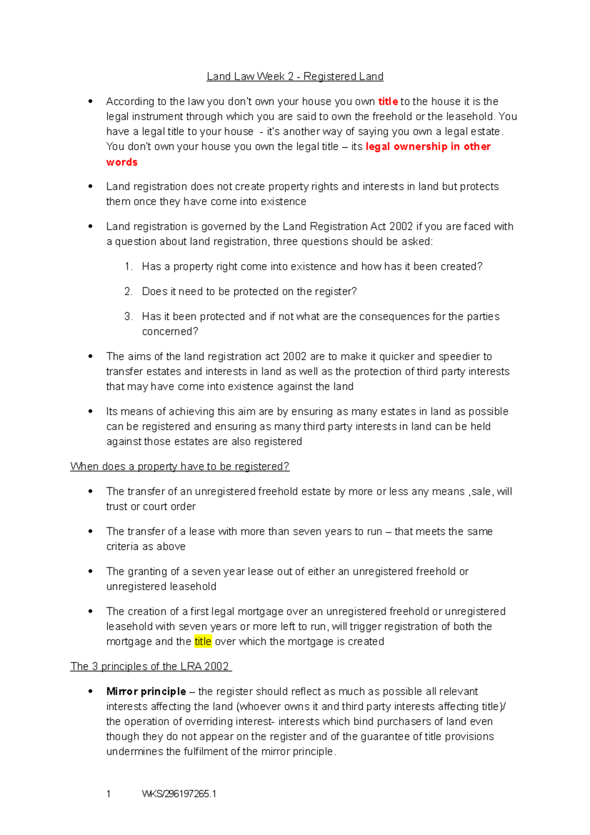 Land Law Registered Land - Land Law Week 2 - Registered Land According ...