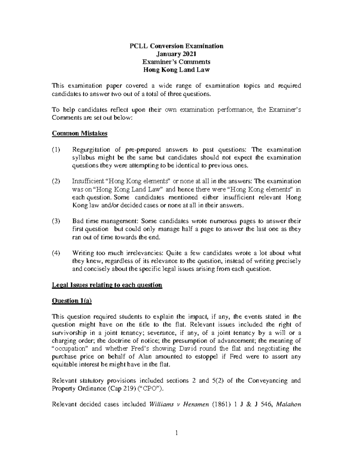 Examiner’s Report January 2021 - PCLL Conversion Examination January ...