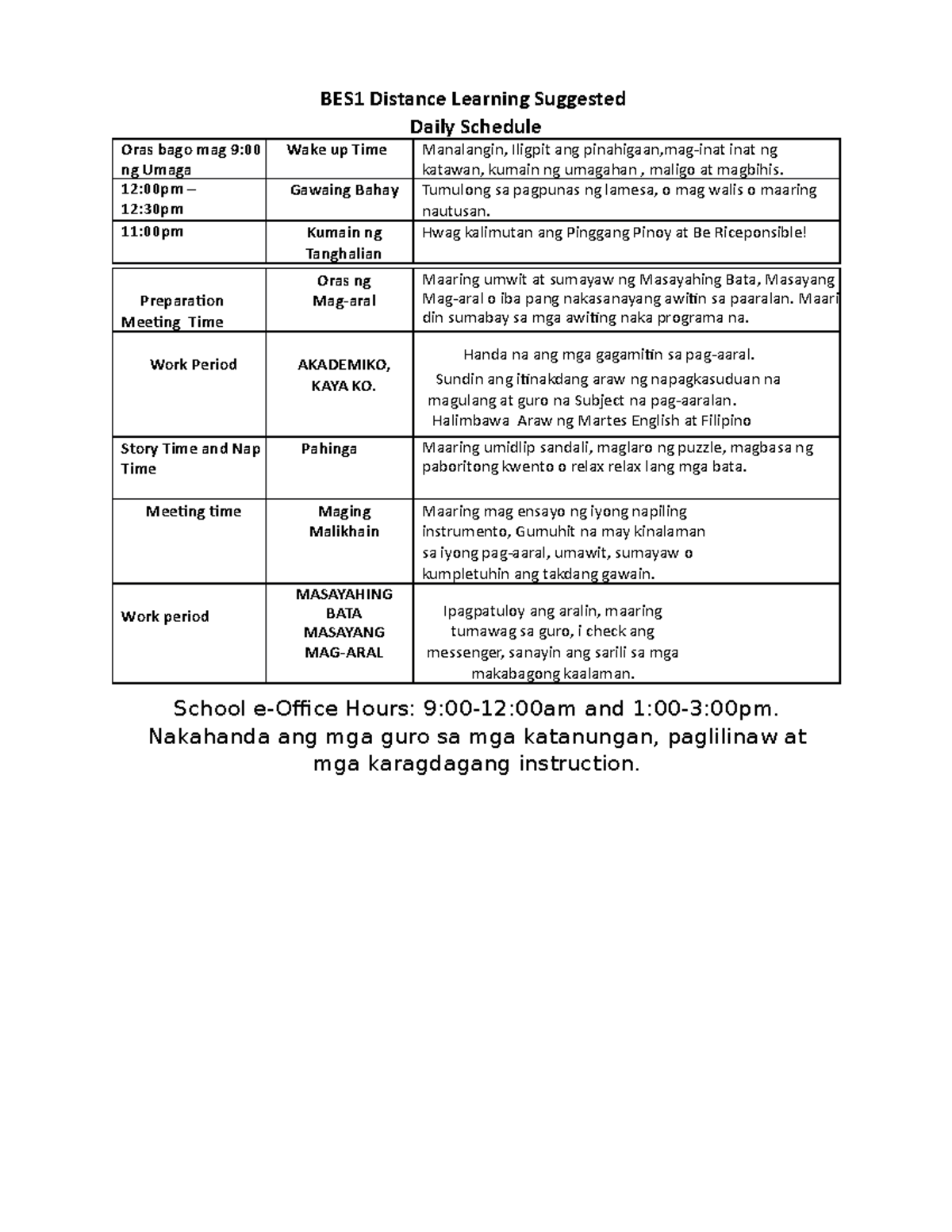 BES 1 Suggested Distant Learning Daily Schedule - BES1 Distance ...
