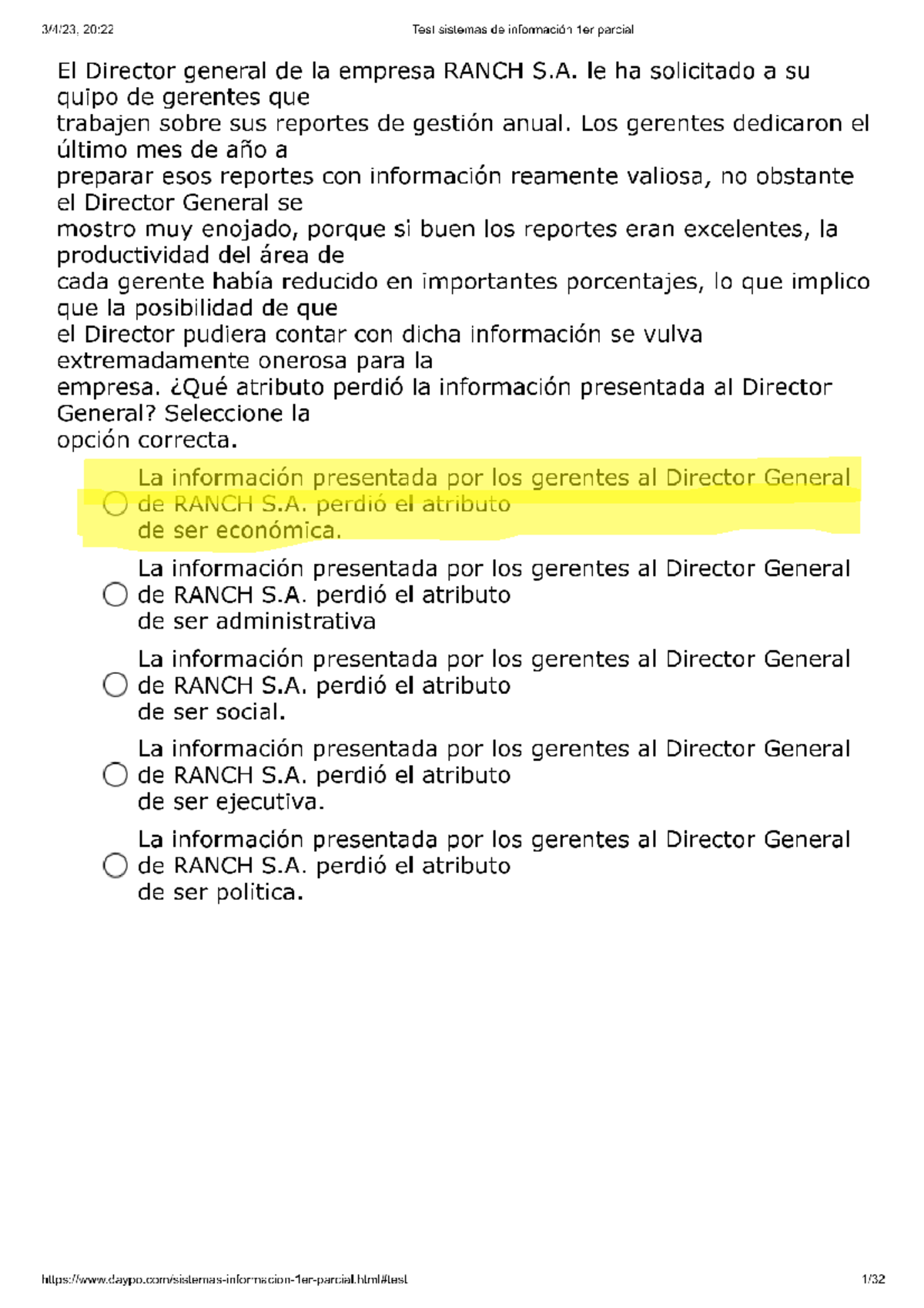 Preguntero parcial 1 sistemas - Sistemas de Información - Studocu