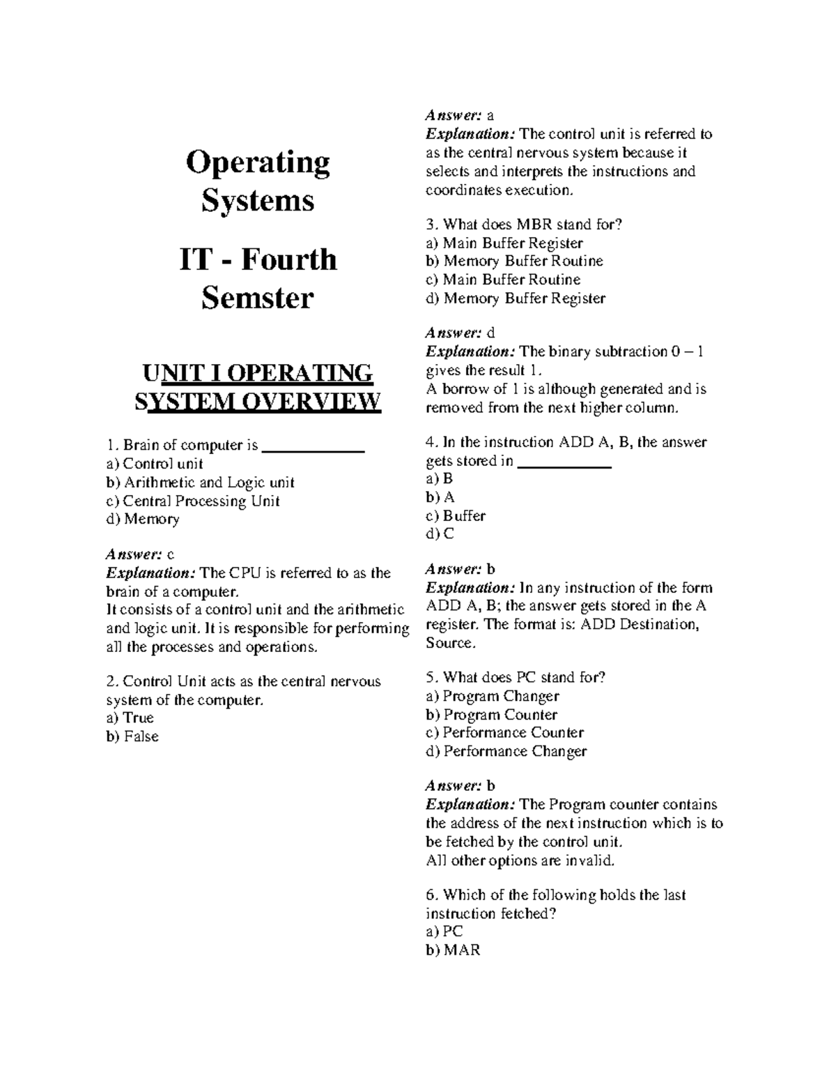 Operating Systems MCQ Question Bank-1 - Operating Systems IT - Fourth ...
