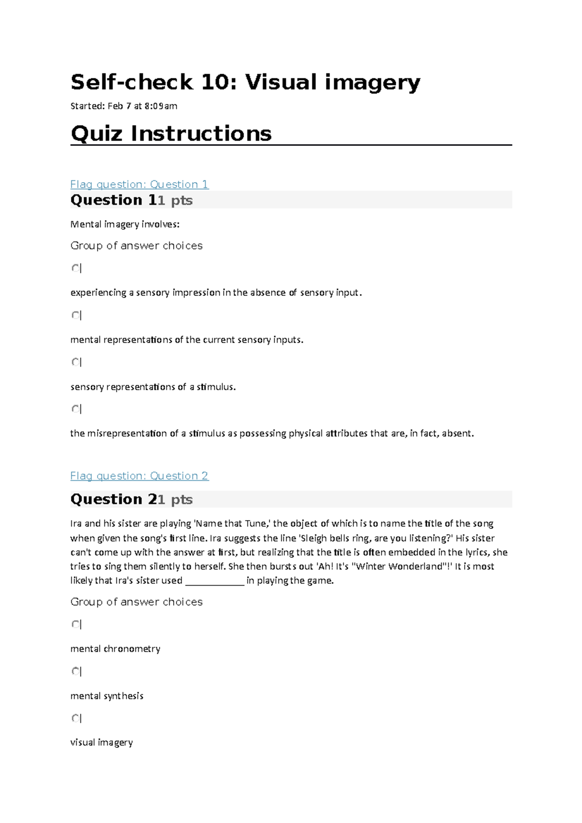 PSY2000 6 Quizzes 10 Visual imagery - Self-check 10: Visual imagery ...