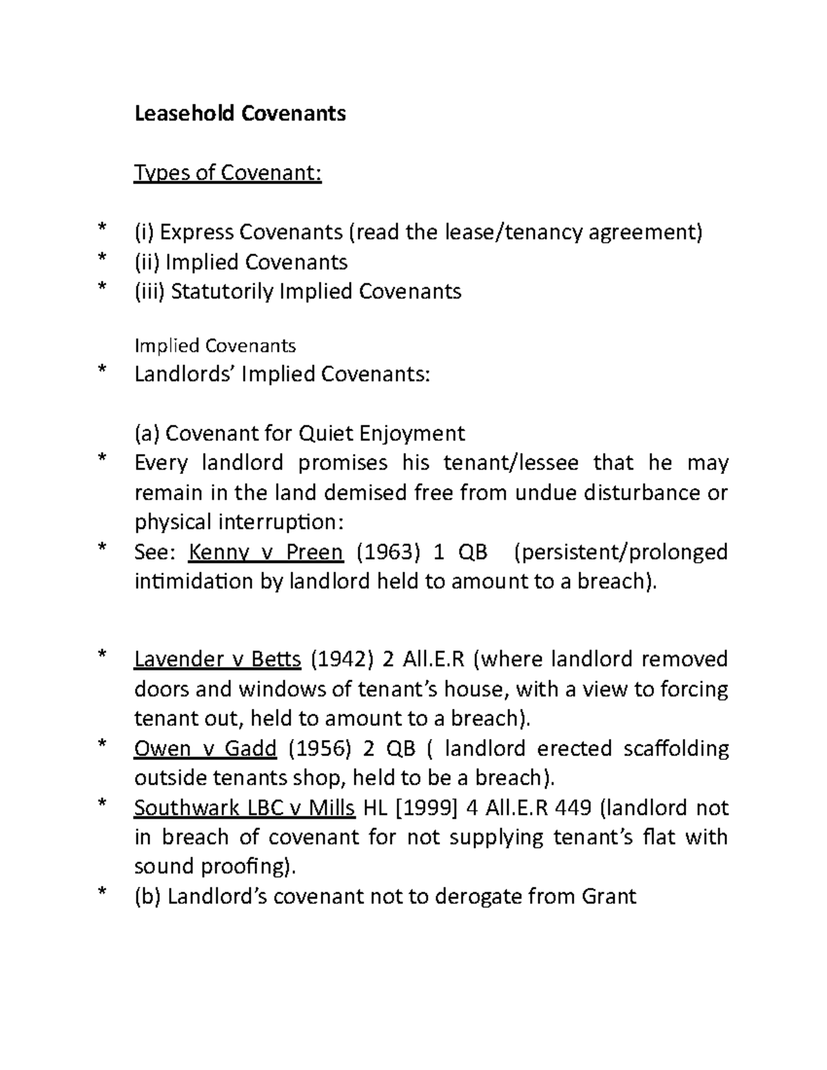 Leasehold Covenants - Leasehold Covenants Types of Covenant: * * * (i ...