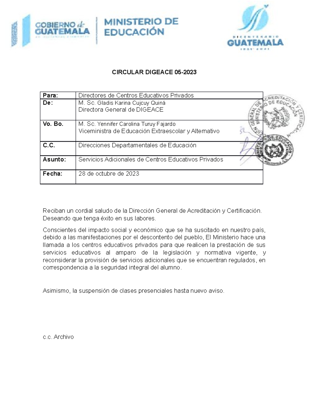 Circular - CIRCULAR DIGEACE 05- Para: Directores de Centros Educativos ...