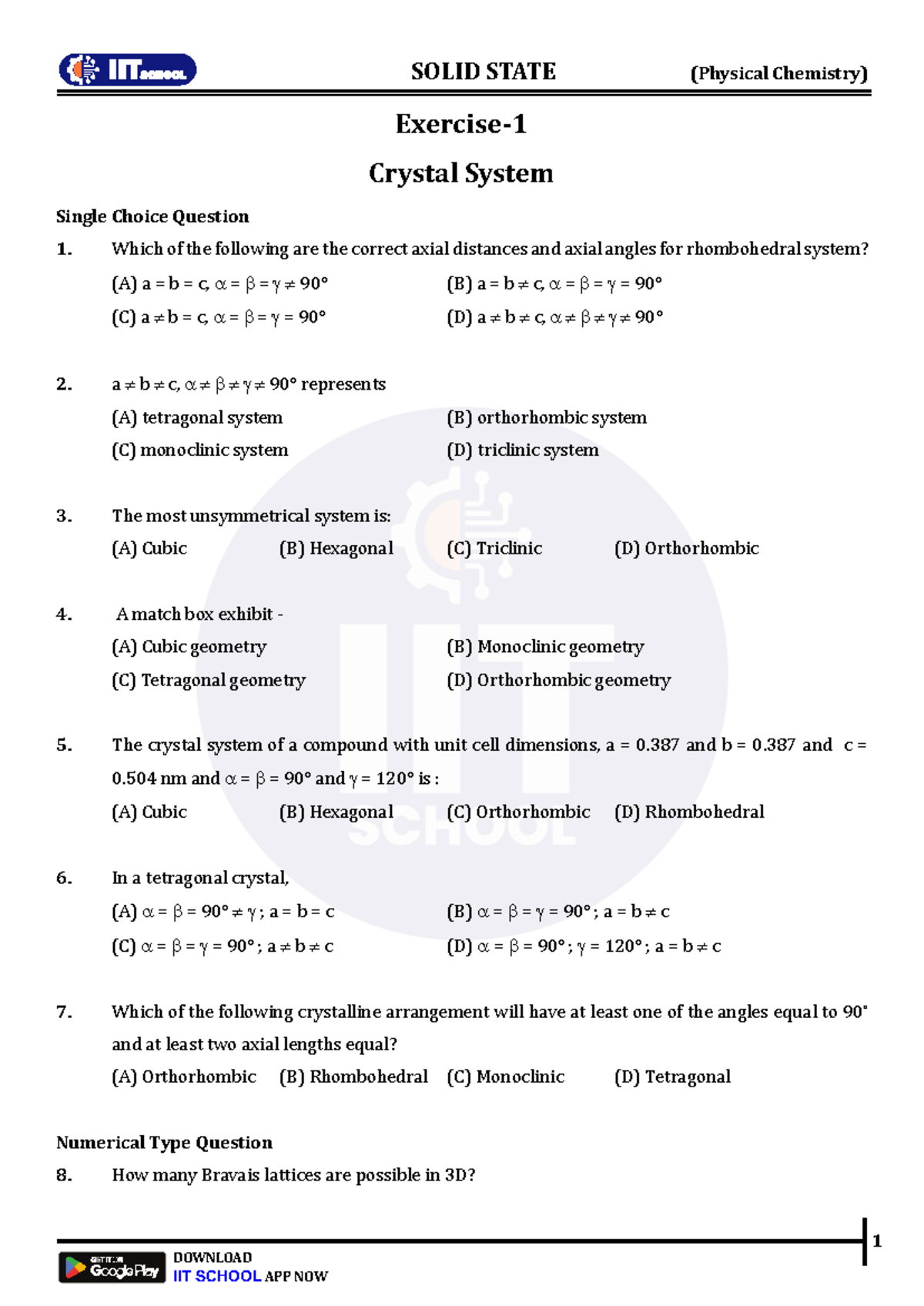 Solid State Exercise-01 - 1 DOWNLOAD Exercise- 1 Crystal System Single ...