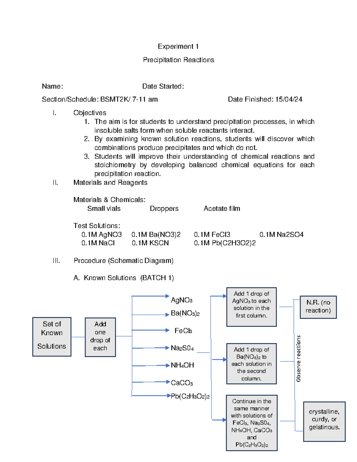 Experiment 1 Lab Report Marcelo - Experiment 1 Precipitation Reactions ...