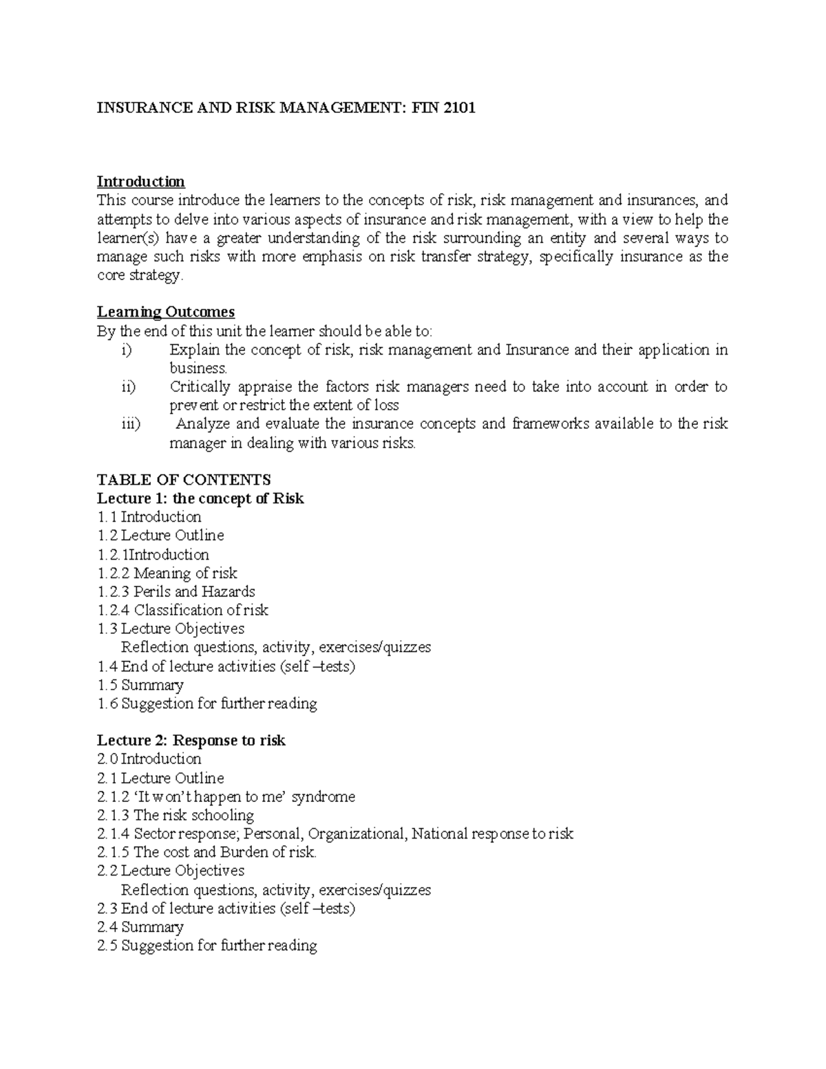 RISK Management Handout 1 - INSURANCE AND RISK MANAGEMENT: FIN 2101 ...