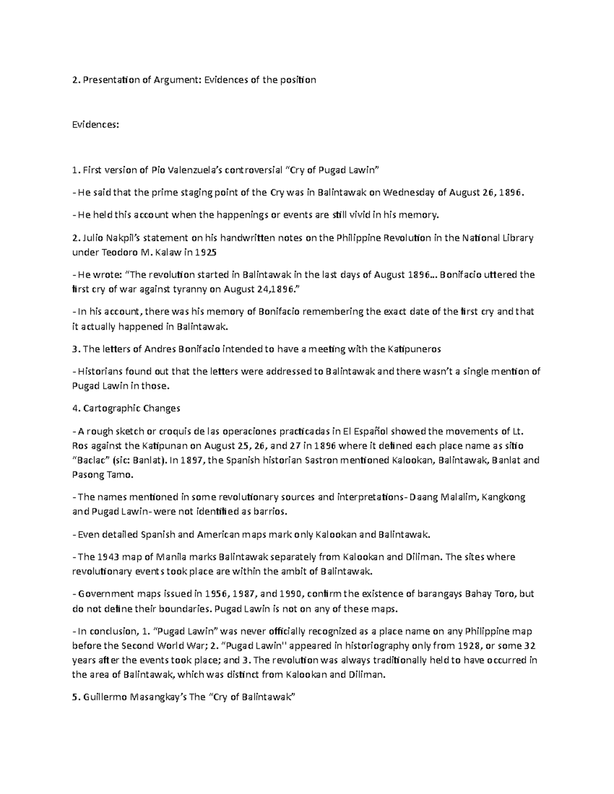 The Cry of Balintawak - Presentation of Argument: Evidences of the ...