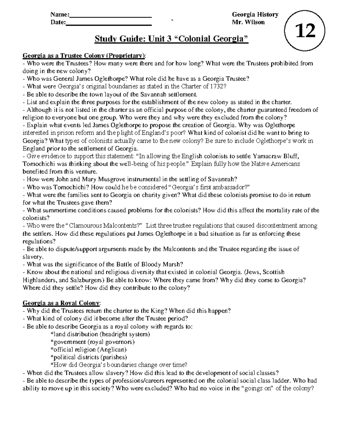 #12 Study Guide Unit 3 Colonial Georgia - Name: Georgia History Date ...