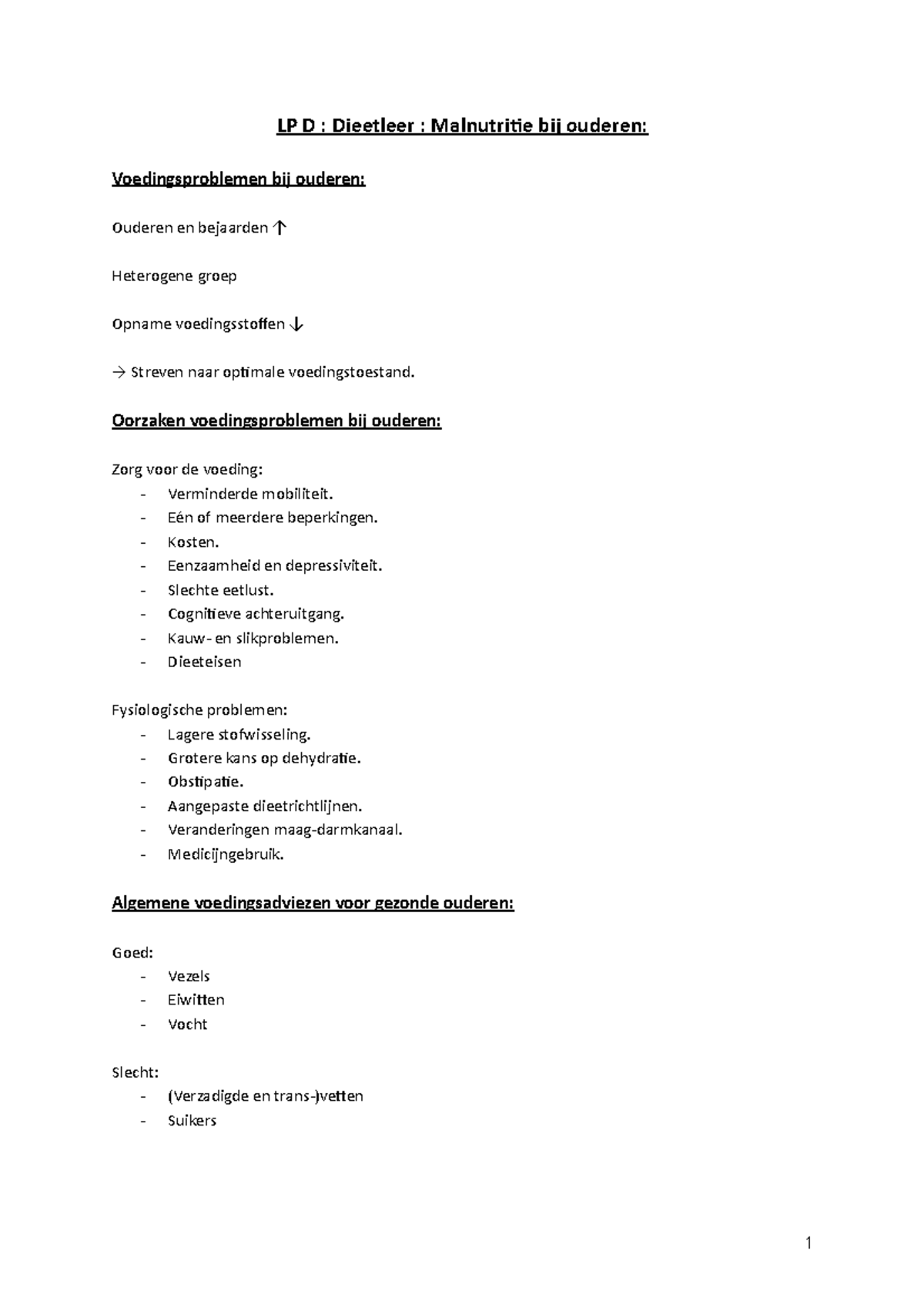 Dieetleer Malnutritie bij ouderen - LP D : Dieetleer : Malnutritie bij ...
