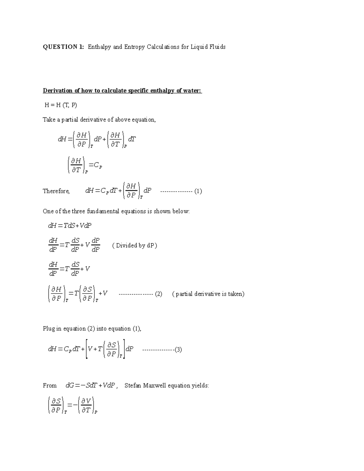 CHE 301 HW 3 - Derivation of fundamental equations - QUESTION 1 ...
