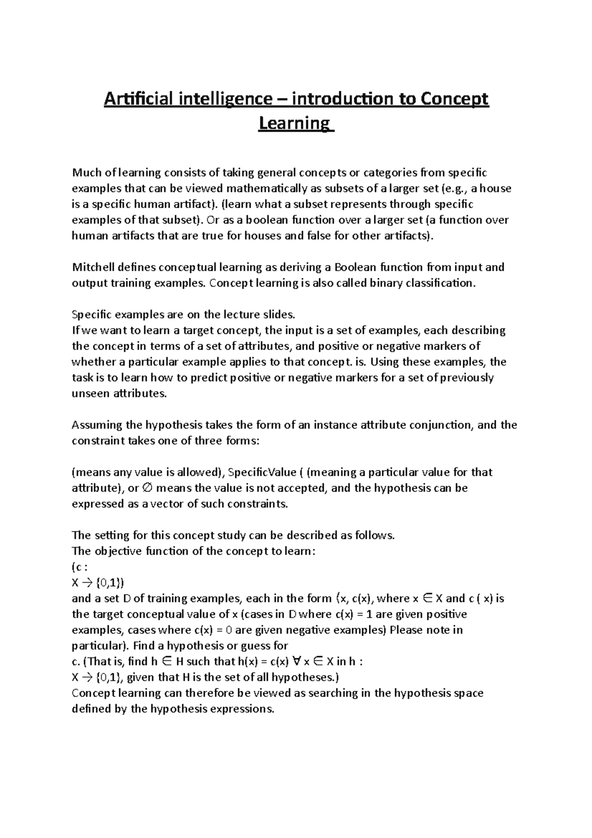 Artificial intelligence – introduction to Concept Learning - , a house ...