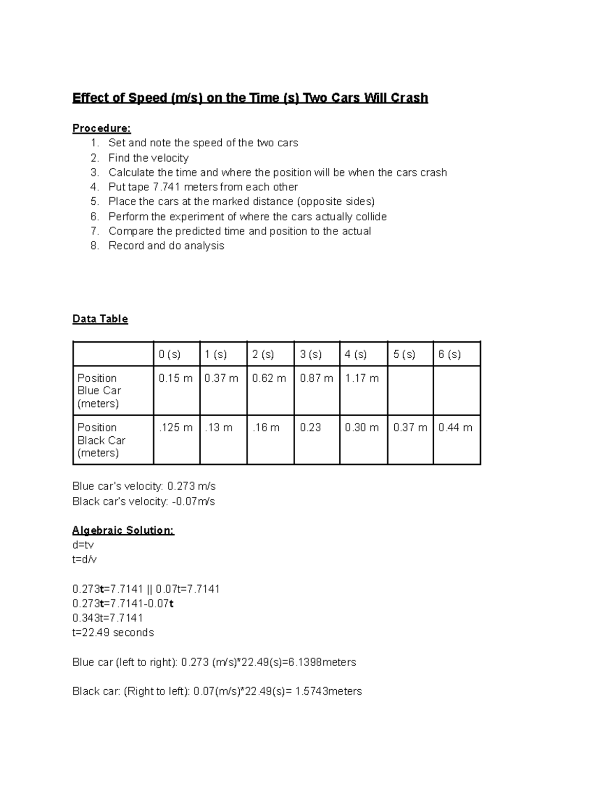 Copy of Physics Velolocity Car Lab - Effect of Speed (m/s) on the Time ...