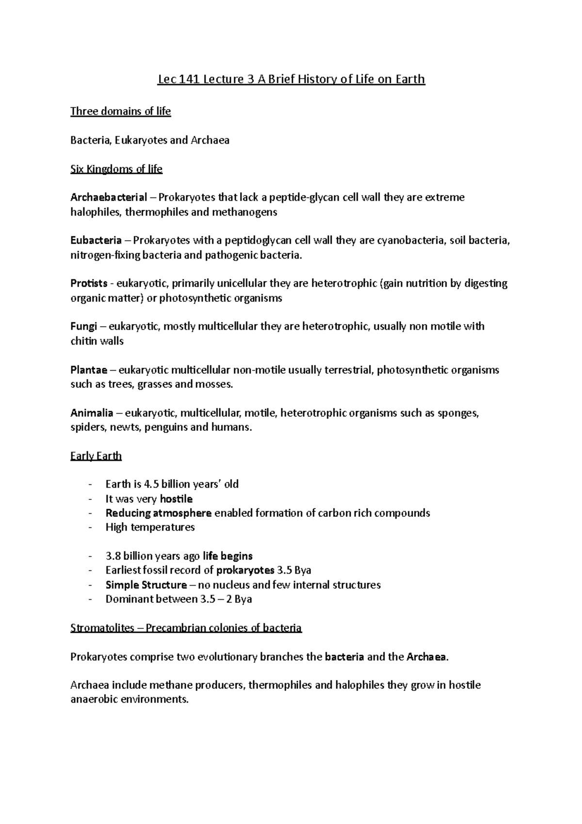 Lec 141 Lecture 3 A Brief History of Life on Earth - Protists ...