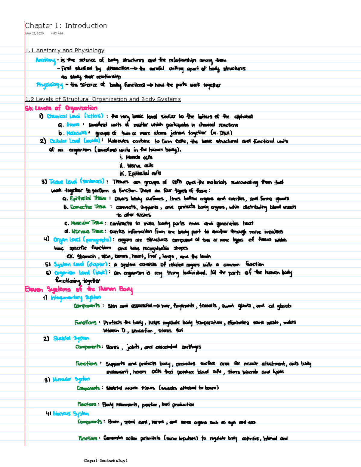Chapter 1 - 1 Anatomy and Physiology 1 Levels of Structural ...