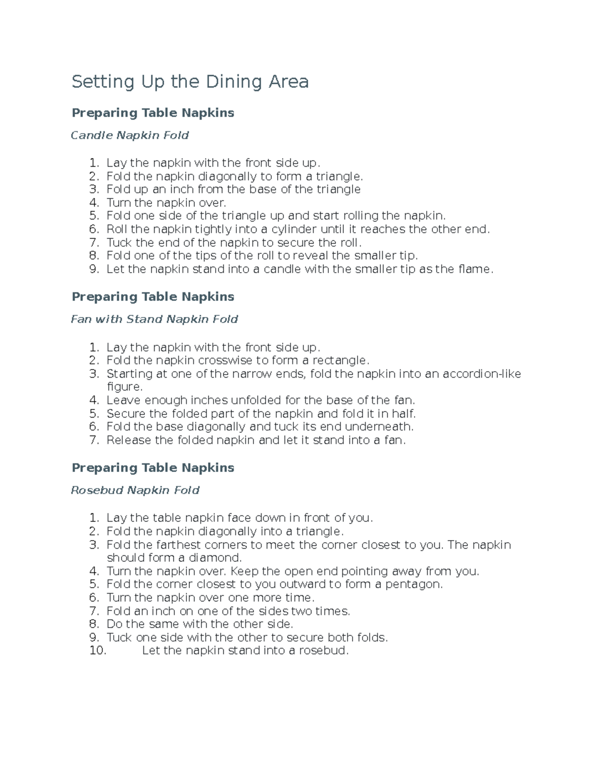 Hospitality Management Exam Part 4 - Setting Up the Dining Area ...