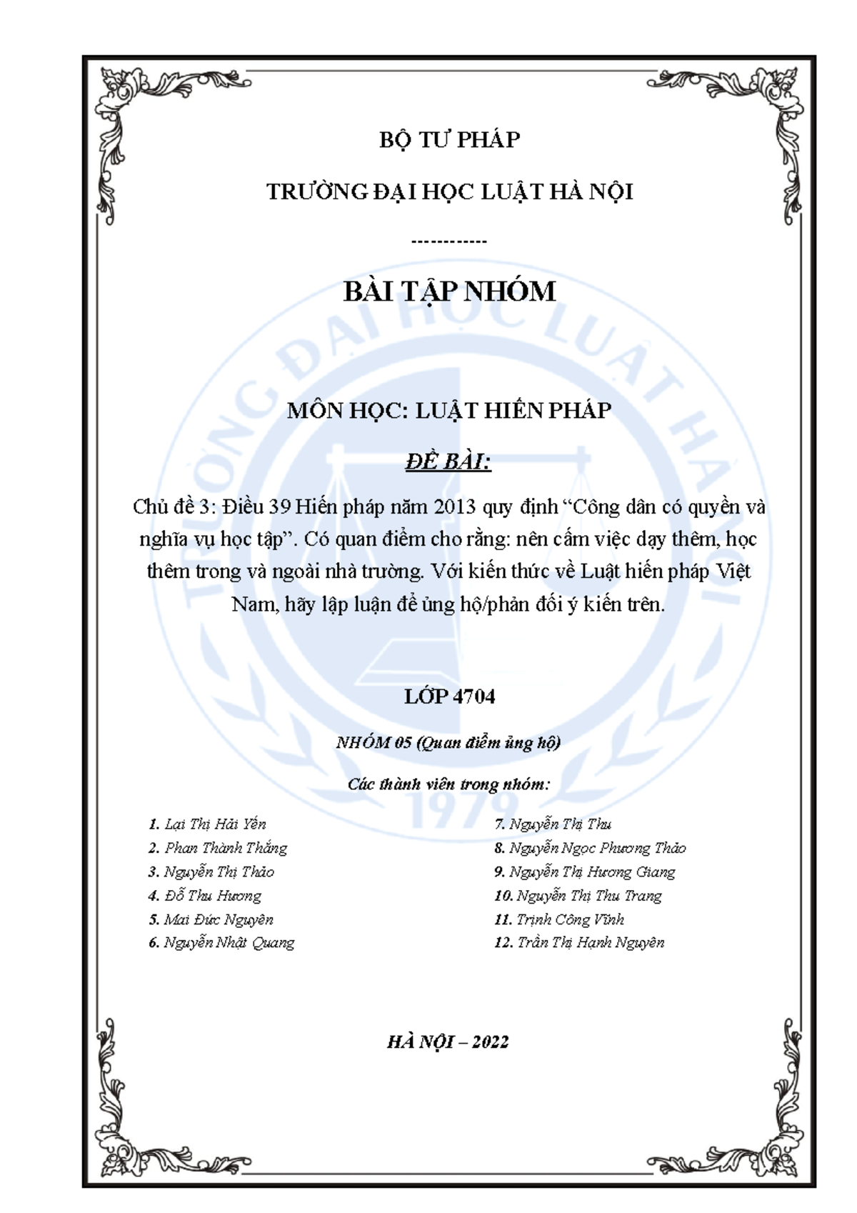 Btl-hp-1 - Bài tập lớn môn LHP - BỘ TƯ PHÁP TRƯỜNG ĐẠI HỌC LUẬT HÀ NỘI - BÀI TẬP NHÓM MÔN HỌC ...
