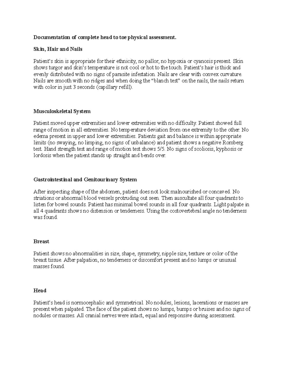 Head To Toe Assessment 6 - Documentation of complete head to toe ...
