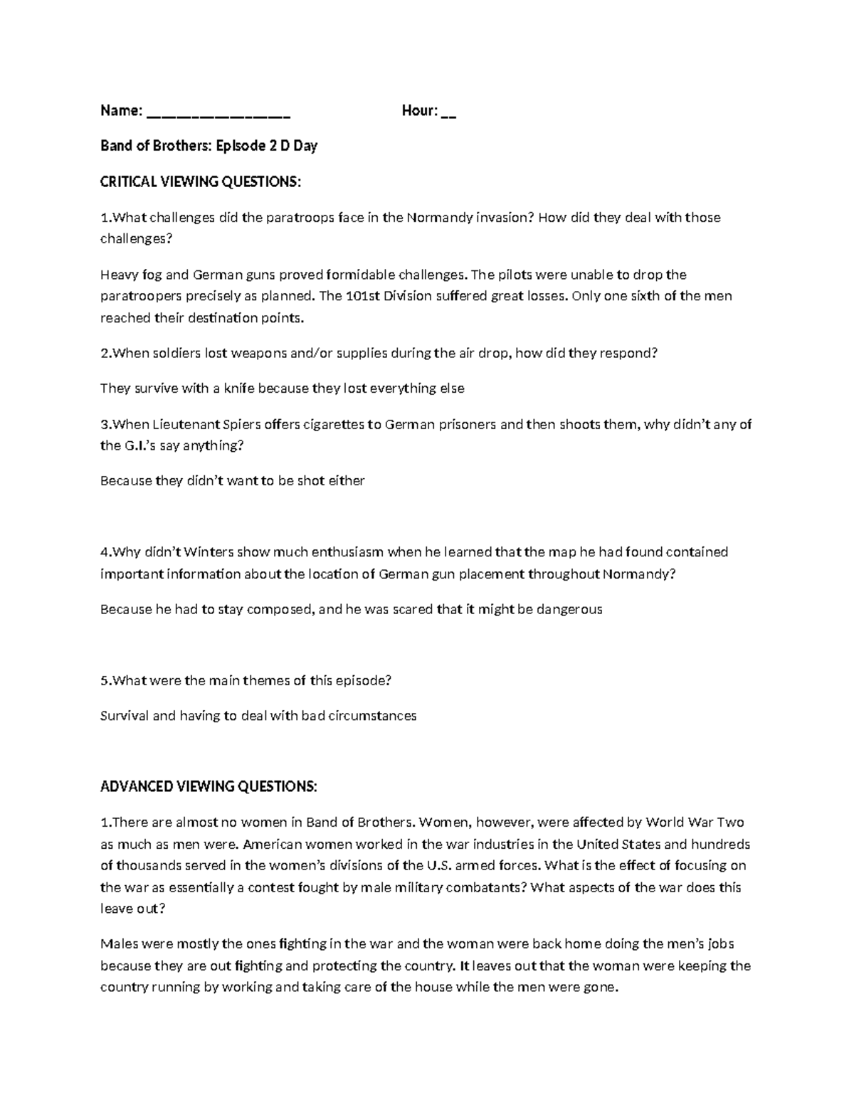 WWII Band of Brothers 2 - wwll - Name: ___________________ Hour ...