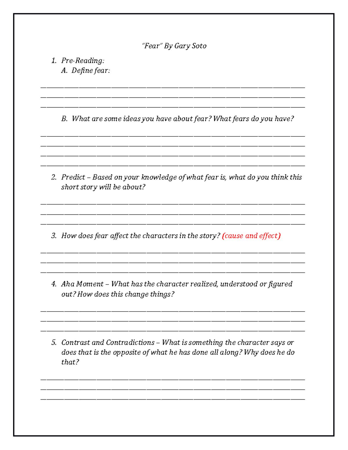 Fear wkst - “Fear” By Gary Soto Pre-Reading: A. Define fear: B. What ...