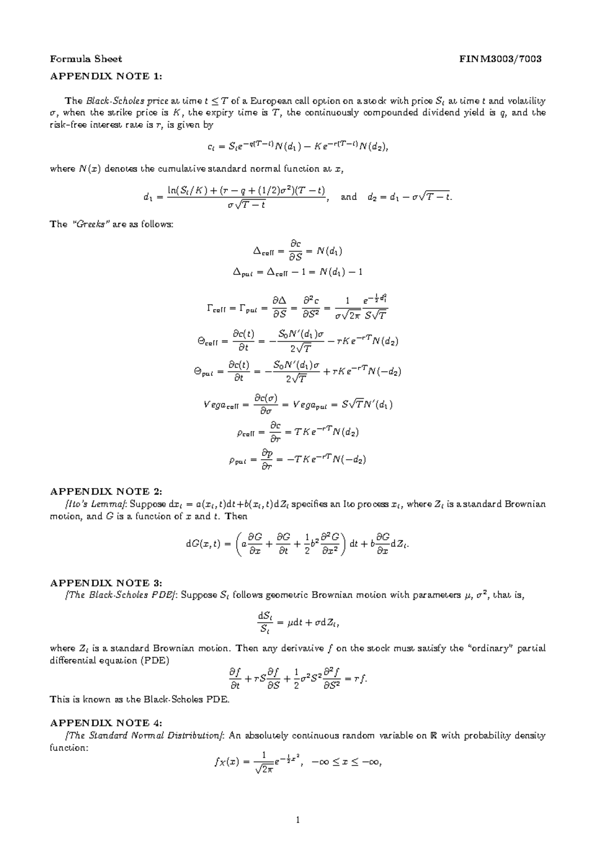 Formula Sheet CTF - Formula Sheet FINM3003/ APPENDIX NOTE 1: The Black ...