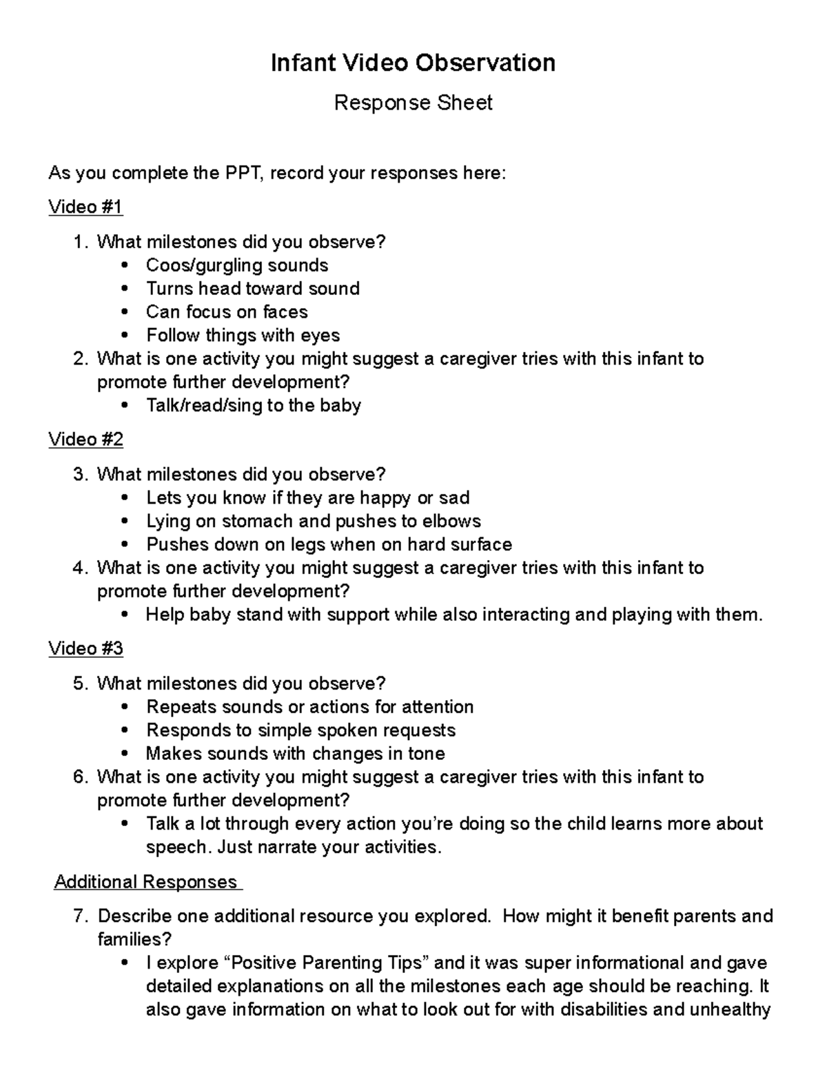 Infant Video Observation Response Sheet - Infant Video Observation ...