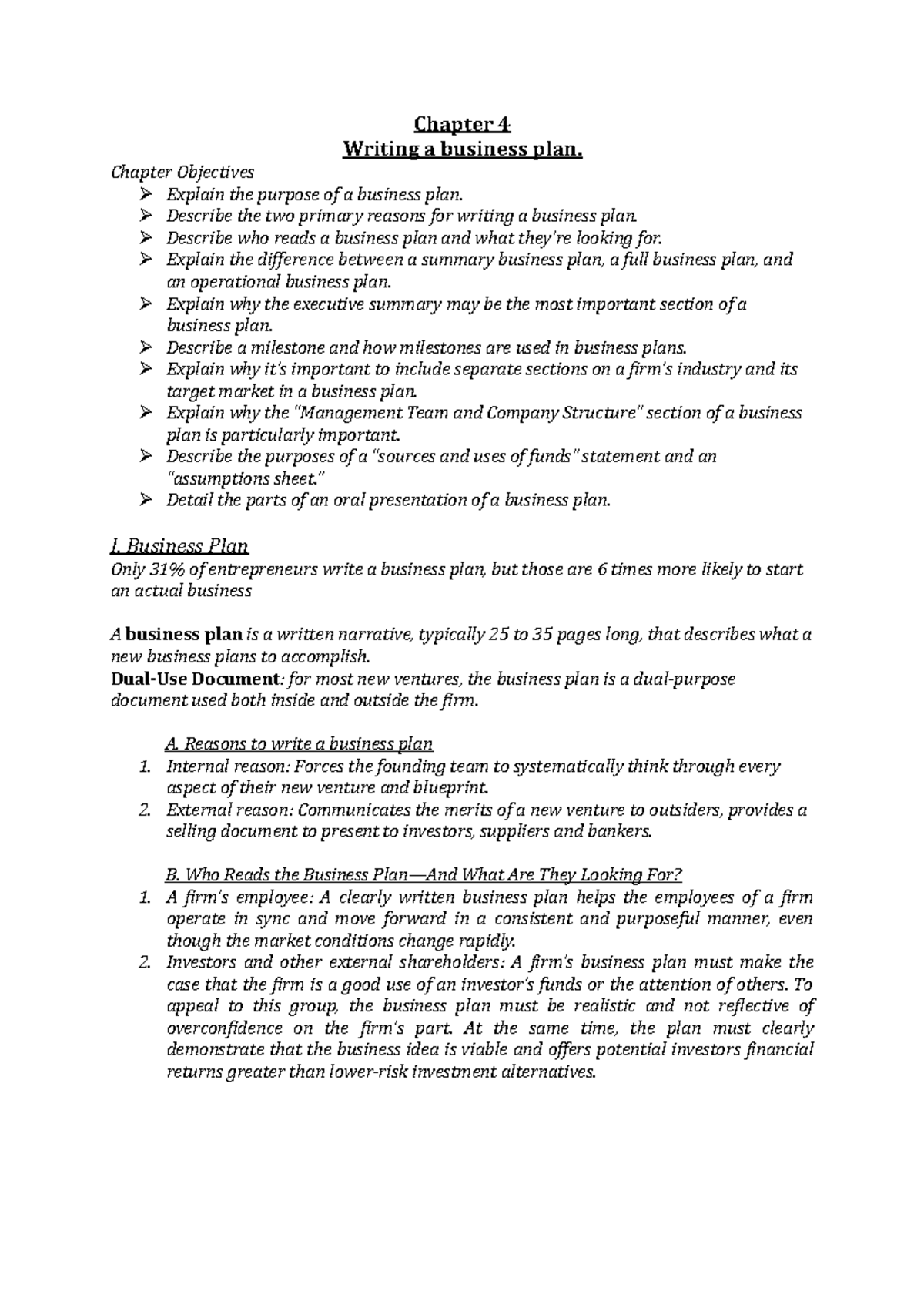 Chapter 4 Notes - Chapter 4 Writing a business plan. Chapter Objectives ...