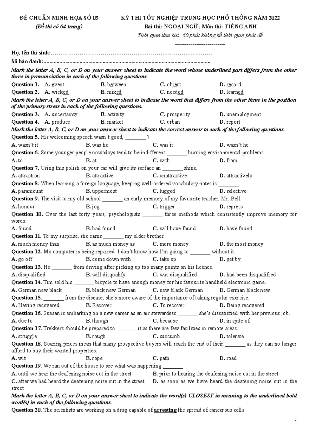 ĐỀ SỐ 03 CÓ GIẢI CHI TIẾT - pay attention - ĐỀ CHUẨN MINH HỌA SỐ 03 (Đề ...