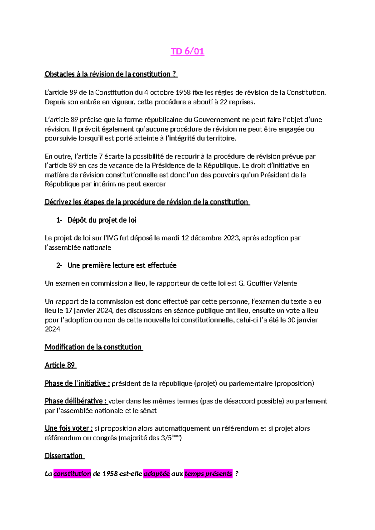TD séance 2 - note - TD 6/ Obstacles à la révision de la constitution ...