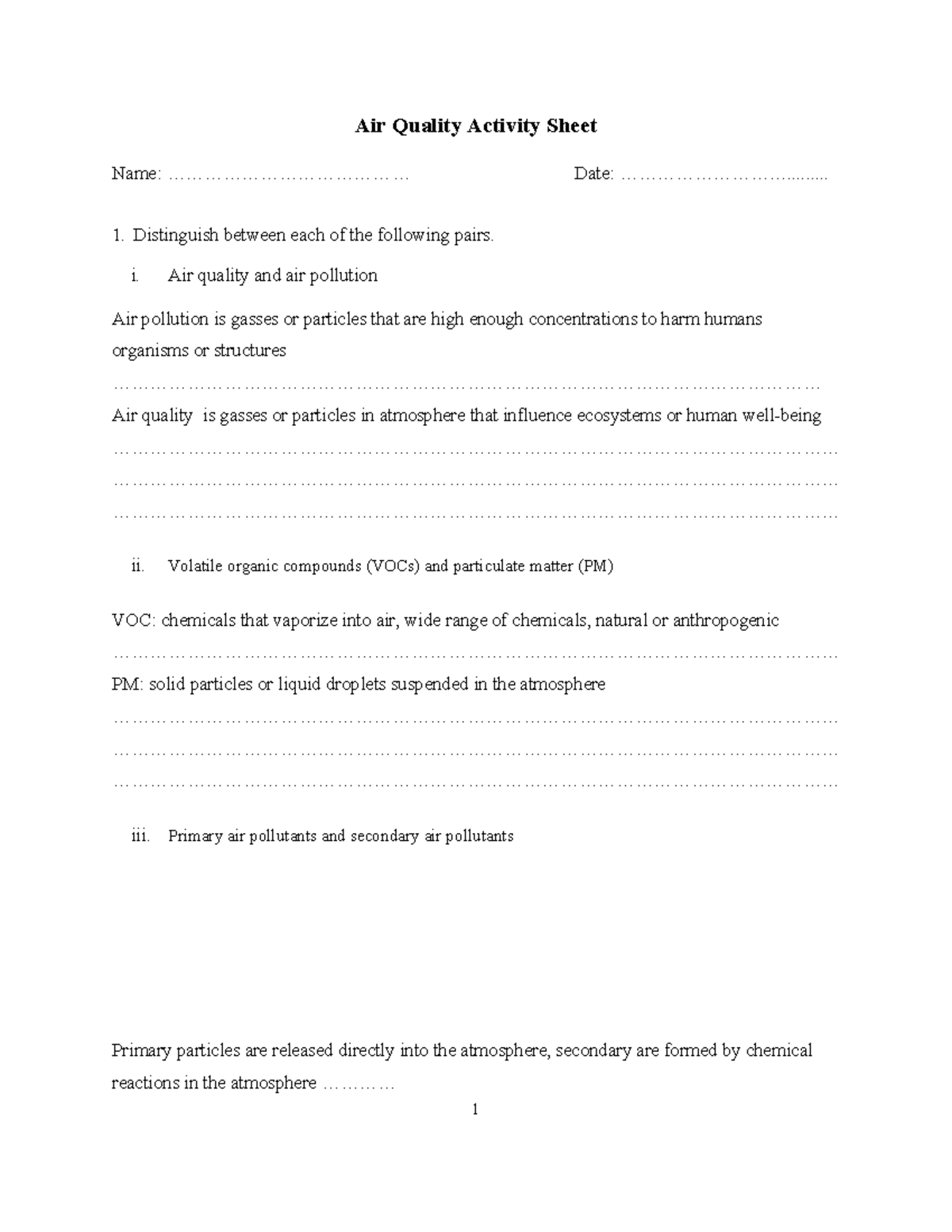 Air Quality Activity Sheet - Air Quality Activity Sheet Name: - Studocu