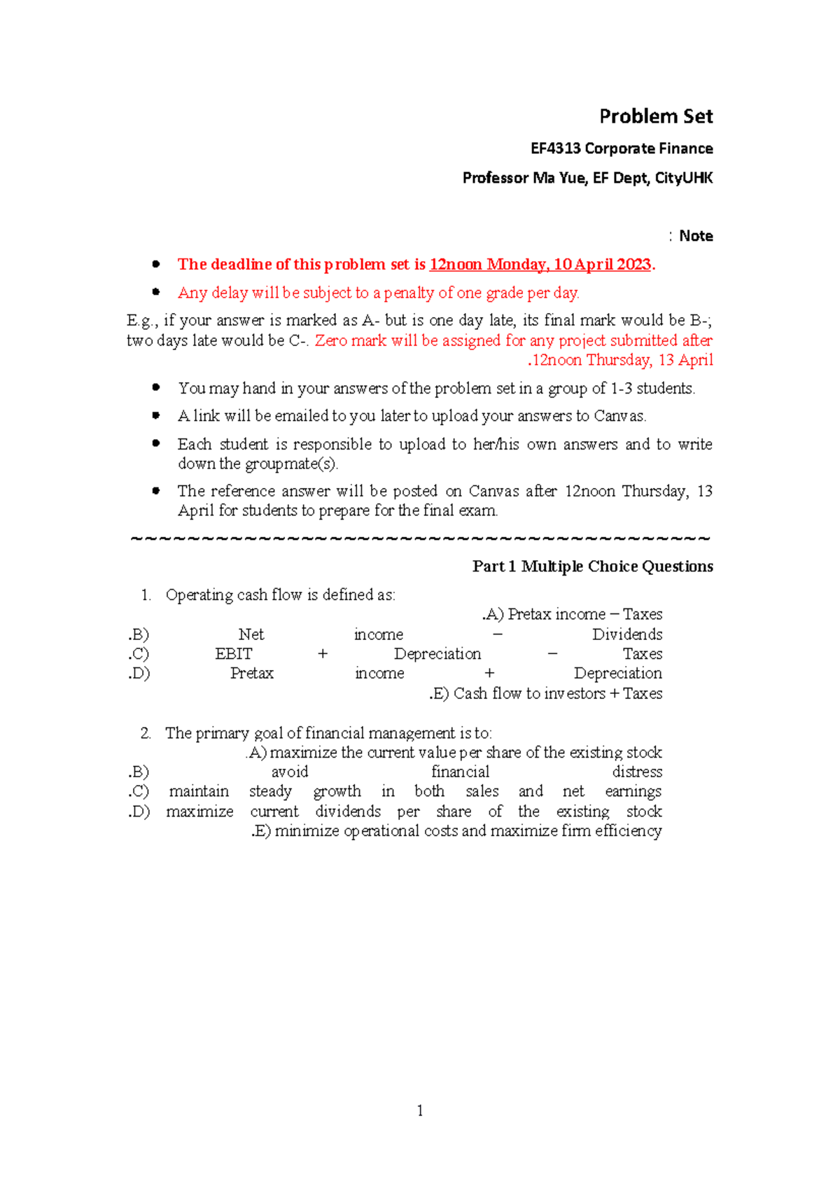 Problem Set-Canvas Revised-EF4313 - Problem Set EF4313 Corporate ...