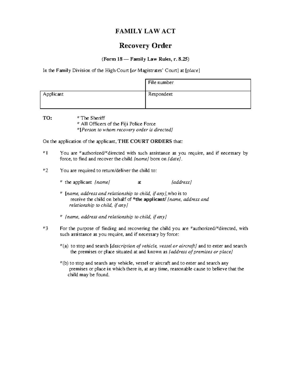 Form 18 Recovery Order - Form for RO - FAMILY LAW ACT Recovery Order ...