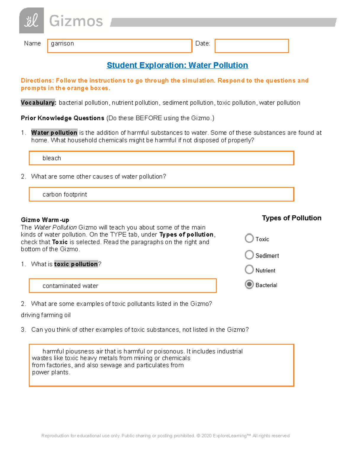 Copy Of 2 Gizmo Water Pollution Name Garrison Date Student