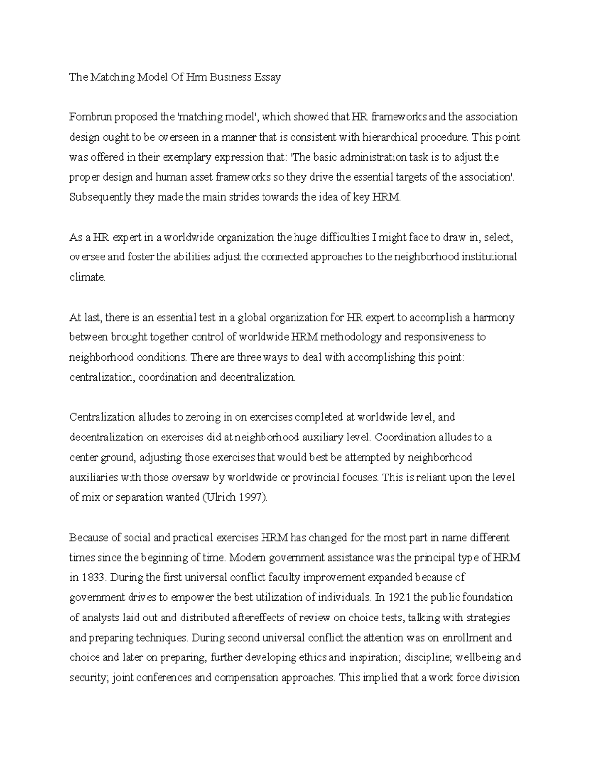 Discuss What Matching Model Of Human Resource Management Is And Point ...