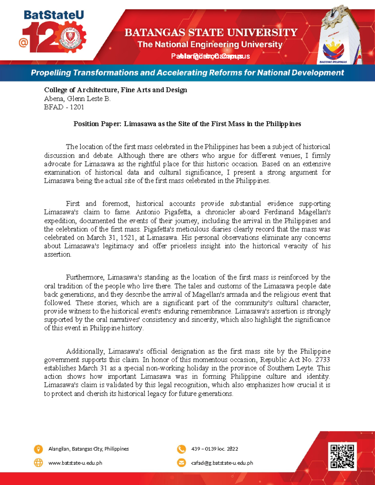 Position Paper Limasawa - Alangilan, Batangas City, Philippines Pablo ...