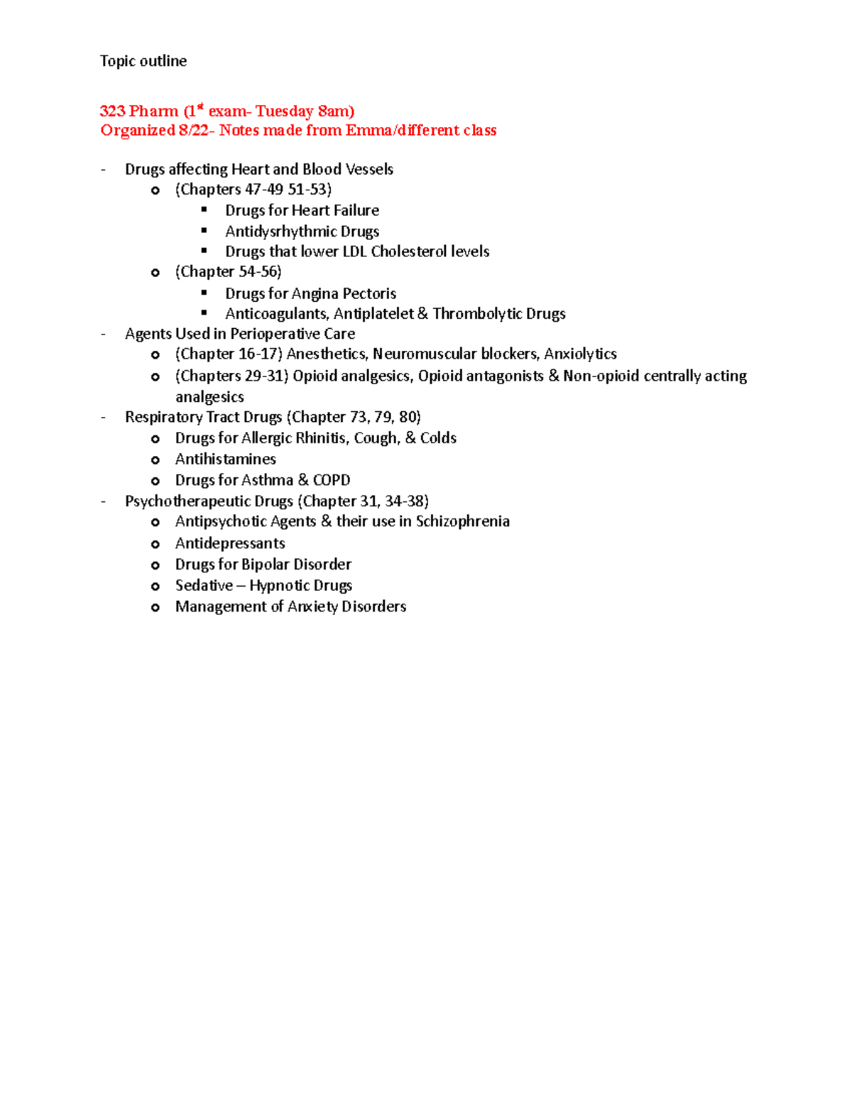 Topic Outline Finals all4 - 323 Pharm (1st exam- Tuesday 8am) Organized ...