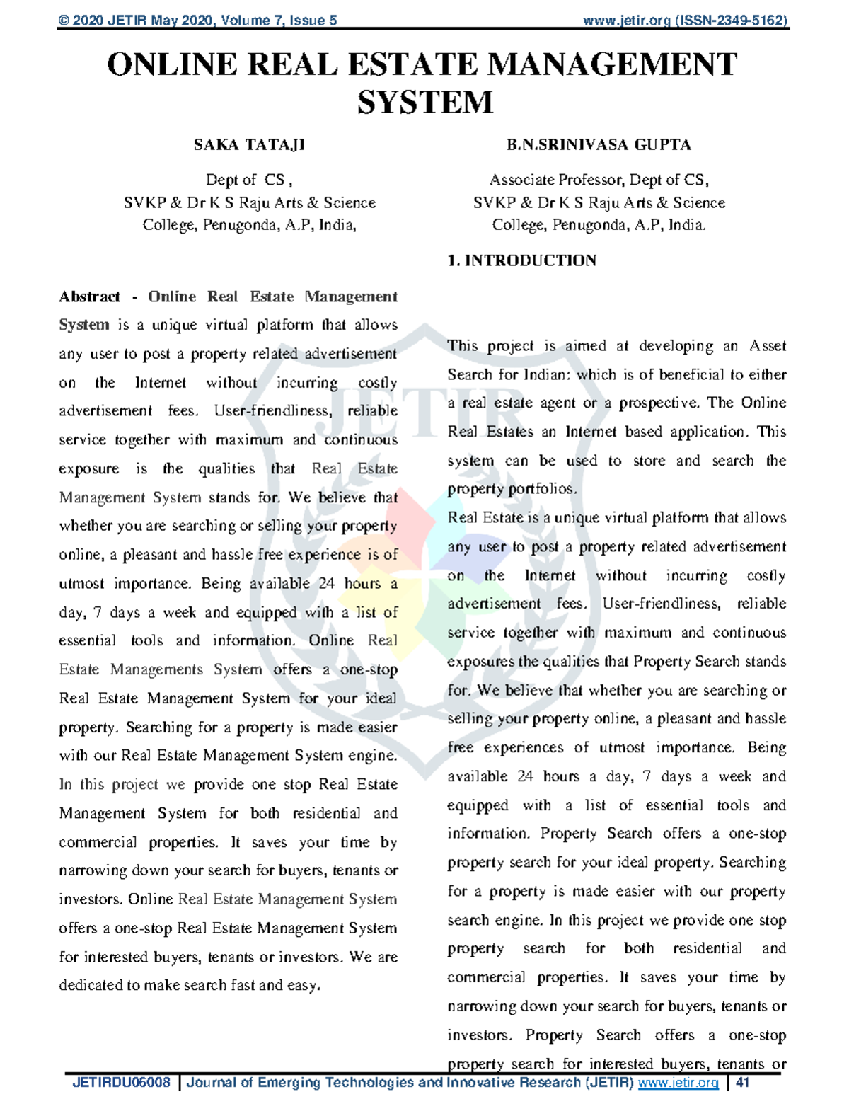 Realstate - ONLINE REAL ESTATE MANAGEMENT SYSTEM SAKA TATAJI Dept of CS ...