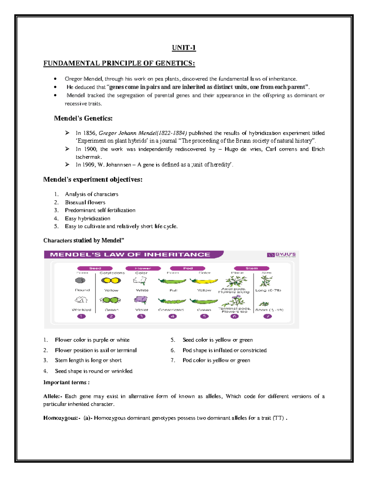 GMB unit 1 - Gmb - UNIT- 1 FUNDAMENTAL PRINCIPLE OF GENETICS: Gregor ...